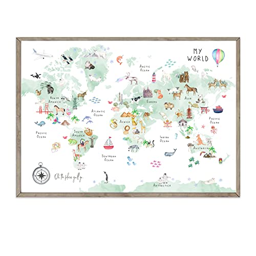 Joocrise Green Kids World Map Wall Art Animal Map Canvas Wall Art Educational Wall Art Nursery Wall Decor World Map Poster Childrens Room Decor Playroom Prints 16x24 Inch Unframed