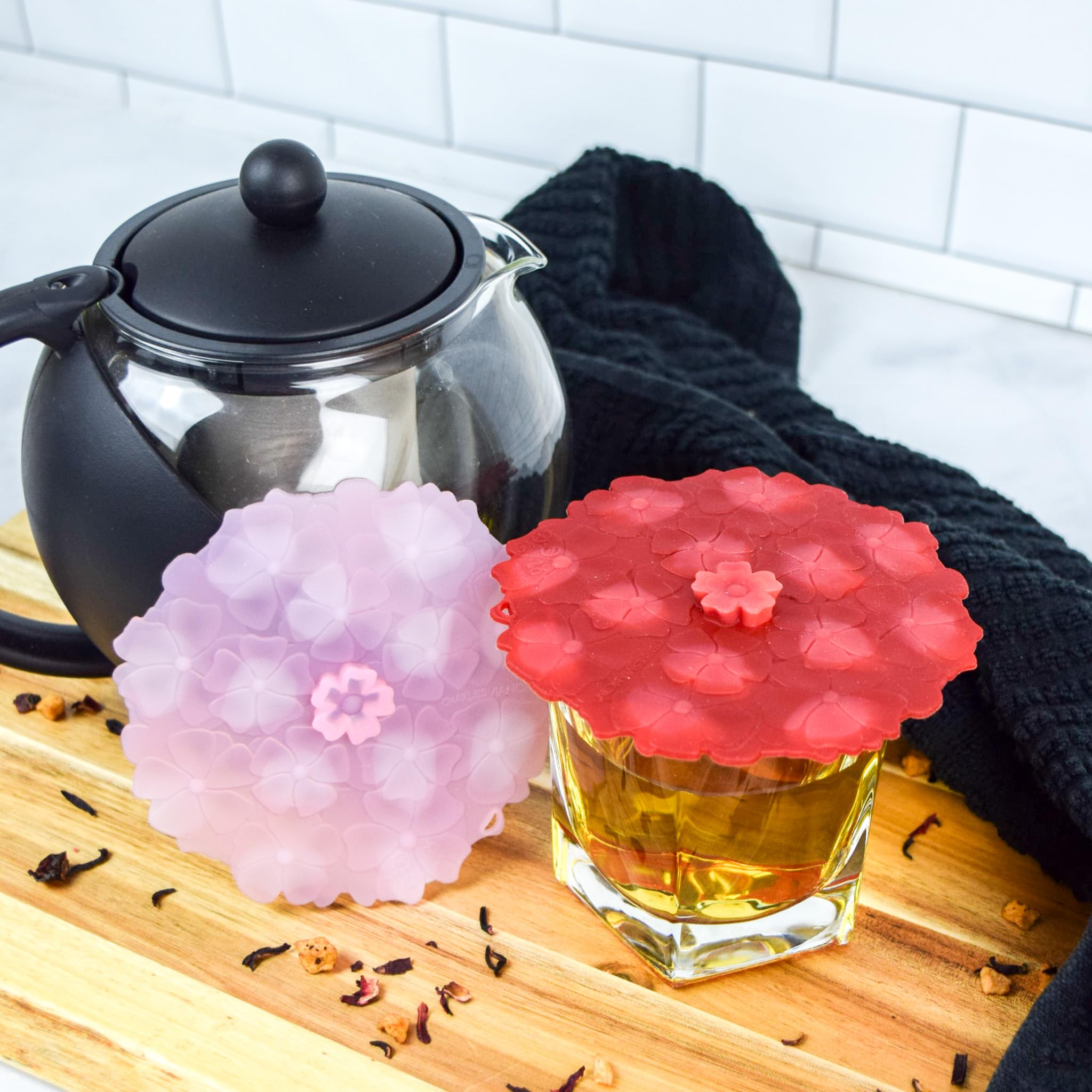 Charles Viancin - Set of 2 Geranium 4 Inch Silicone Drink Covers - Airtight Seal