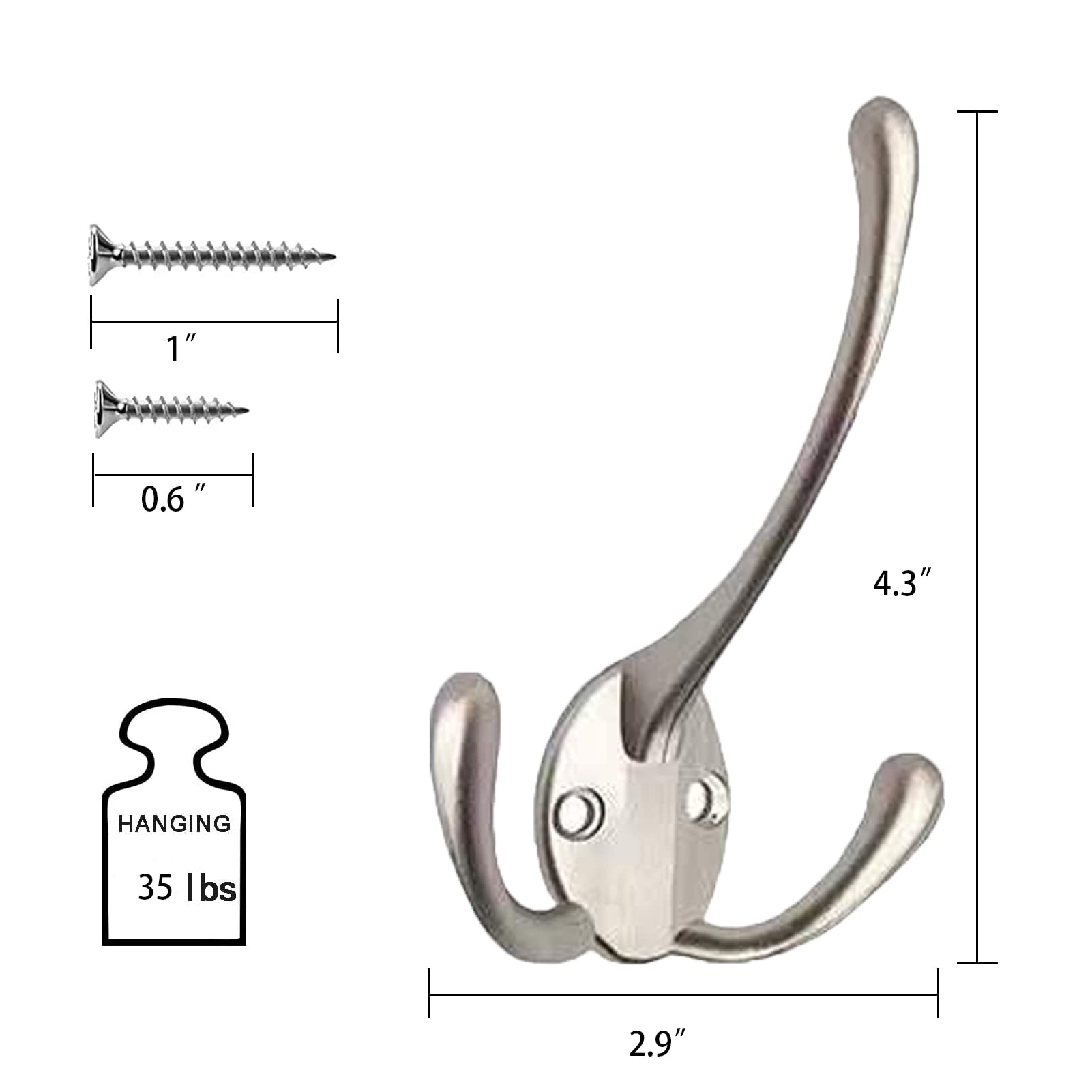 Mzizi Dco Wall Hooks,6 Pack Coat Hooks Wall Mounted with 24 Screws,Single Hardware Heavy Duty Hooks,Metal Zinc Alloy Double No Rust Hooks Hanging Coats Robe Towel Hat Key Clothes Bag Jacket (Silver)