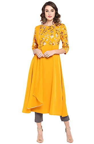 Janasya Women's Mustard Foil Printed Poly Crepe Kurta