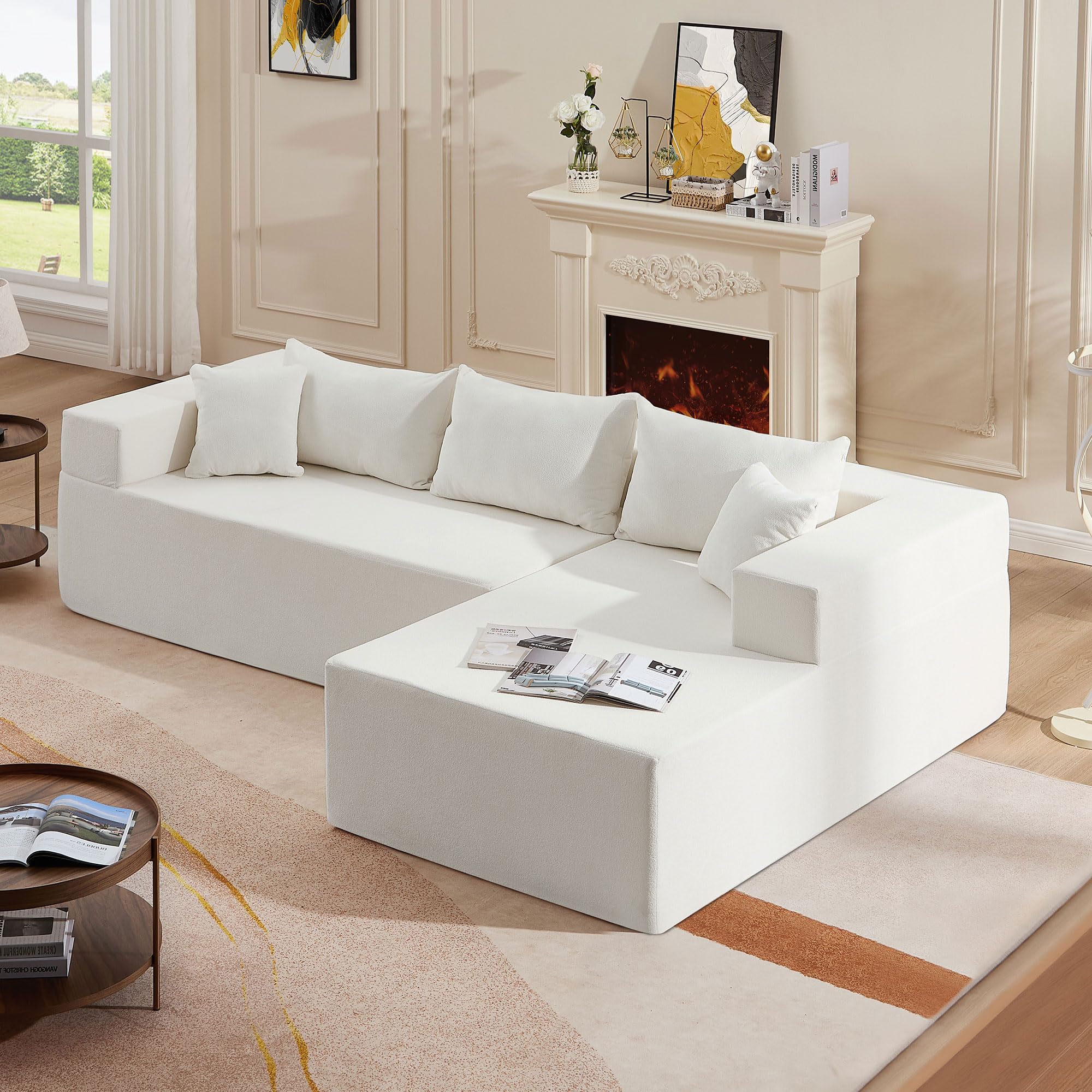 Cirui L-Shaped Sectional Sofa Furniture Set for Living Room Large Modern Comfy Deep Sherpa Luxury Cloud 2 PC 3 Seat Couch Free Combination Minimalist Modular Sleeper Sofa for Bedroom,White