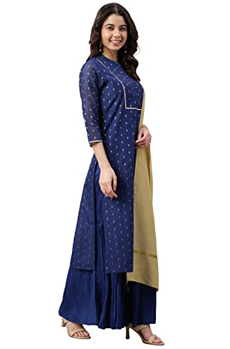 Janasya Women's Dark Blue Chanderi Silk Woven Kurta with Sharara and Dupatta(SET472-KR-SHA-S)