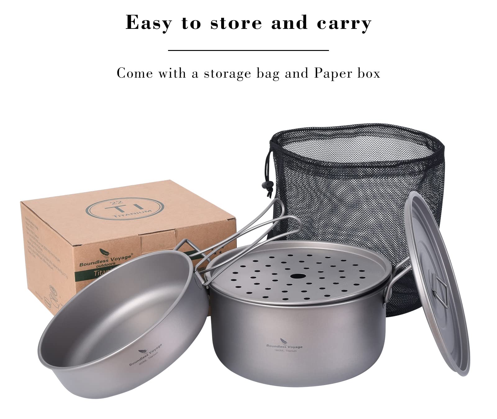 Boundless Voyage Titanium Steamer Pot Frying Pan Set with Lid Outdoor Camping Saucepan Mess Kit Multifunctional Cooking Pot Ti2057C
