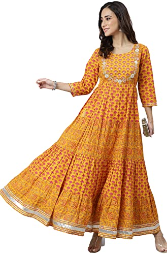 Janasya Women's Mustard Cotton Floral Print Flared Kurta(JNE3971-KR-XL)