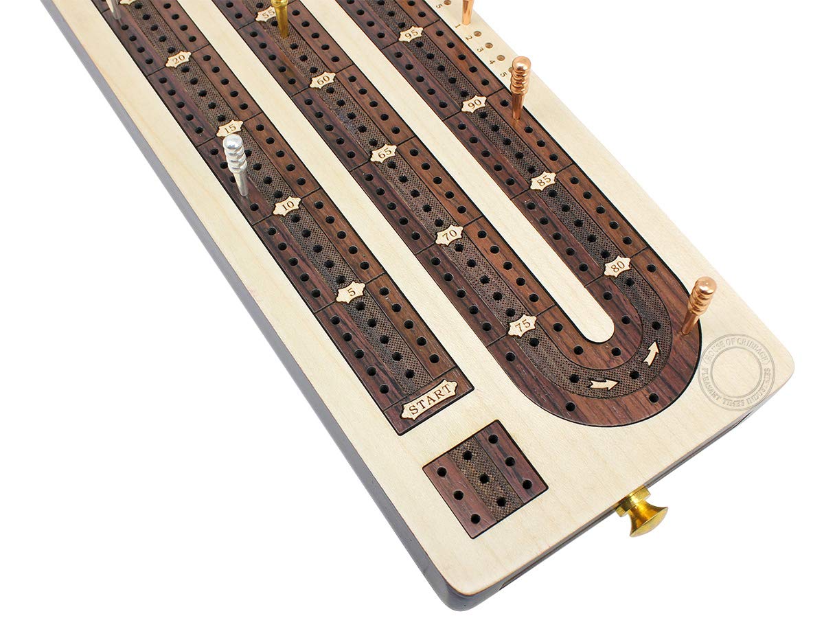 House of Cribbage - 3 Track Continuous Cribbage Board Inlaid in Rosewood - Maple Wood - Size: 12.5 Inches - Storage Drawer for Cribbage Pegs