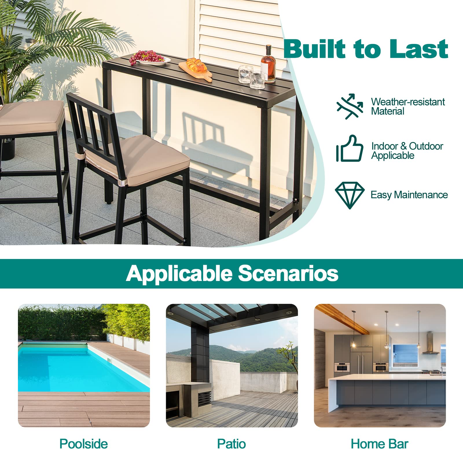 COSTWAY 3 Piece Outdoor Patio Bar Set, 48" Rectangular Pub Height High Top Bar Table with 2 Cushioned Bar Stools, Metal Bar Table and Chairs Set for Balcony, Backyard, Porch