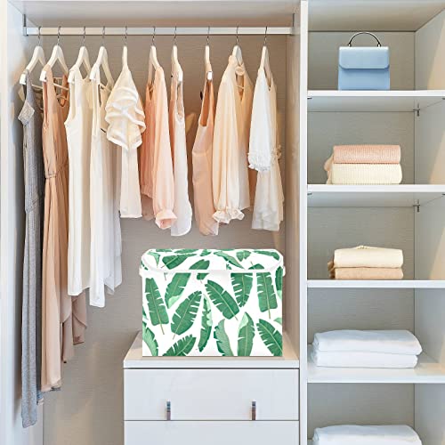 CaTaKu Green Banana Leaves Storage Bins with Lids and Handles, Fabric Large Storage Container Cube Basket with Lid Decorative Storage Boxes for Organizing Clothes