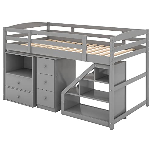ERDAYE Twin Size Wooden Loft Bed Frame with Multifunctional Movable Built-in Desk, 5 Drawers and Staircase Bring Storage Shelf for Bedroom Guest Room Furniture, Gray