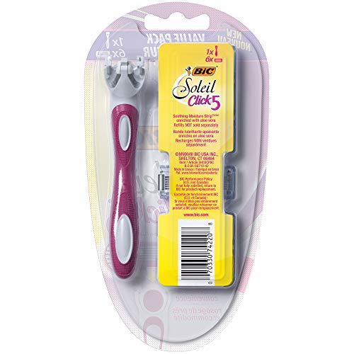 BIC Click 5 Soleil Women's Disposable Razors, 5 Blades With a Moisture Strip For a Smoother Shave, 1 Handle and 6 Cartridges, 7 Piece Razor Set