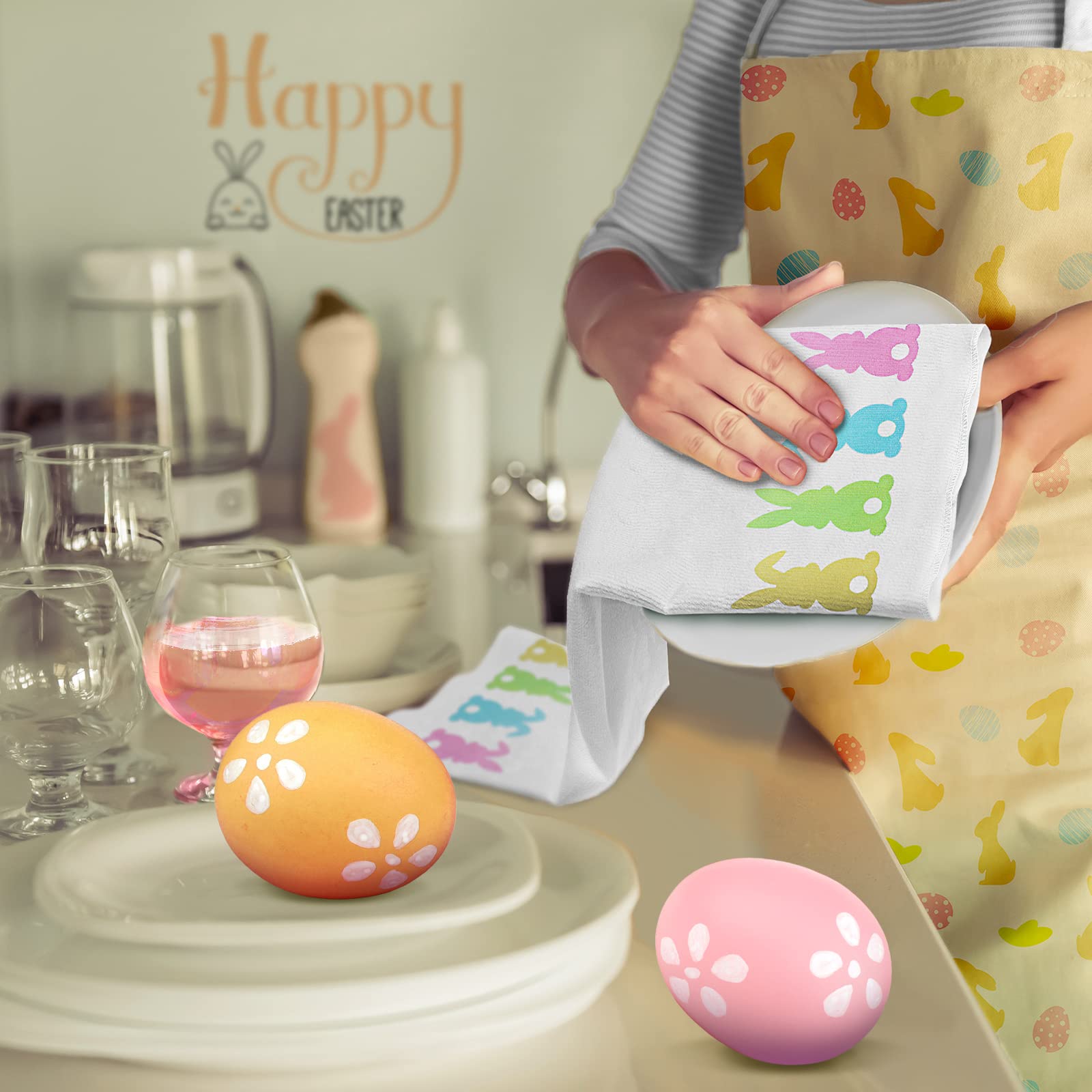 Breling 4 Pieces Easter Kitchen Towels 23.6 x 15.7 inches Easter Bunny Eggs Rabbit Hand Towels Spring Happy Easter Gnomes Kitchen Towels Holiday Cloth Dish Towels for Cooking Baking