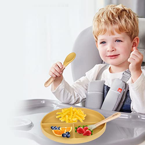 Baby Self Feeding All Natural Beech Wood Fork and Spoon Set - BPA Free, Toddler Tableware, Suitable For Stage 1 Babies - Soft Curved Food Grade Silicone Head, Gum Friendly Training (PINK)