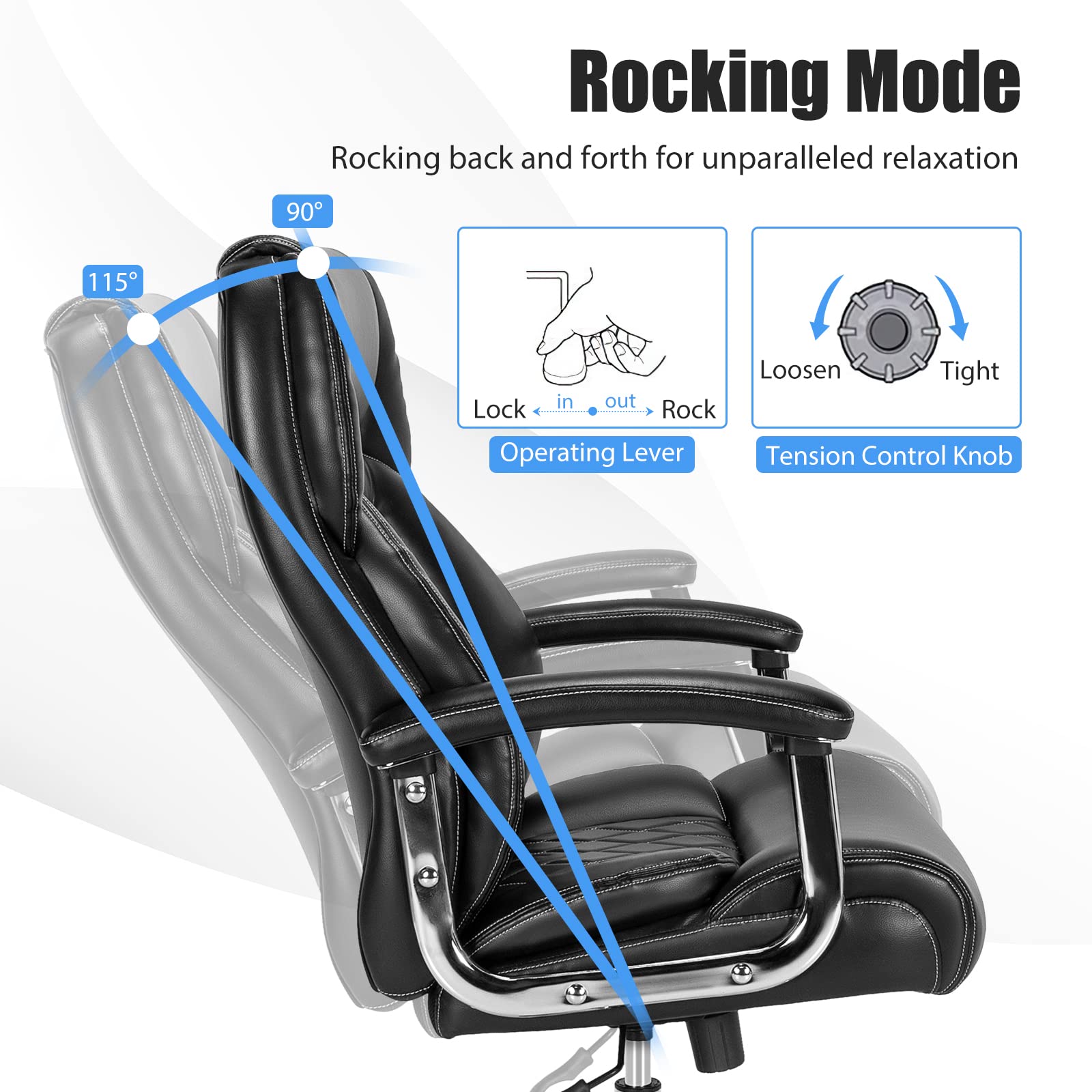 Giantex 500LBS Big and Tall Office Chair, Wide Seat Large Leather Executive Chair w/Heavy Duty Metal Base, Height Adjustable Swivel Computer Task Desk Chair, Padded Armrest, Rocking Backrest (Black)