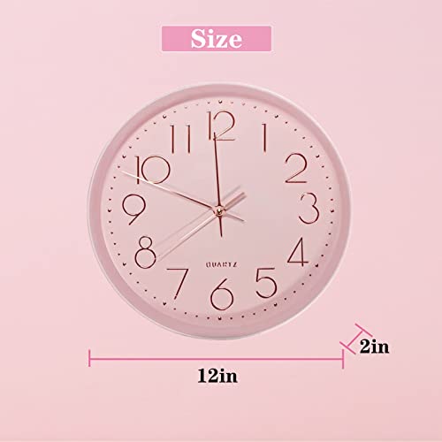JUSTUP Round Wall Clock, 12 Inch Pink Large Wall Clock for Bedroom, Quality Quartz Modern Silent Clock with Battery Operated, Arabic Quiet Wall Clock Decor for Home Kitchen Living Room Office (Pink)