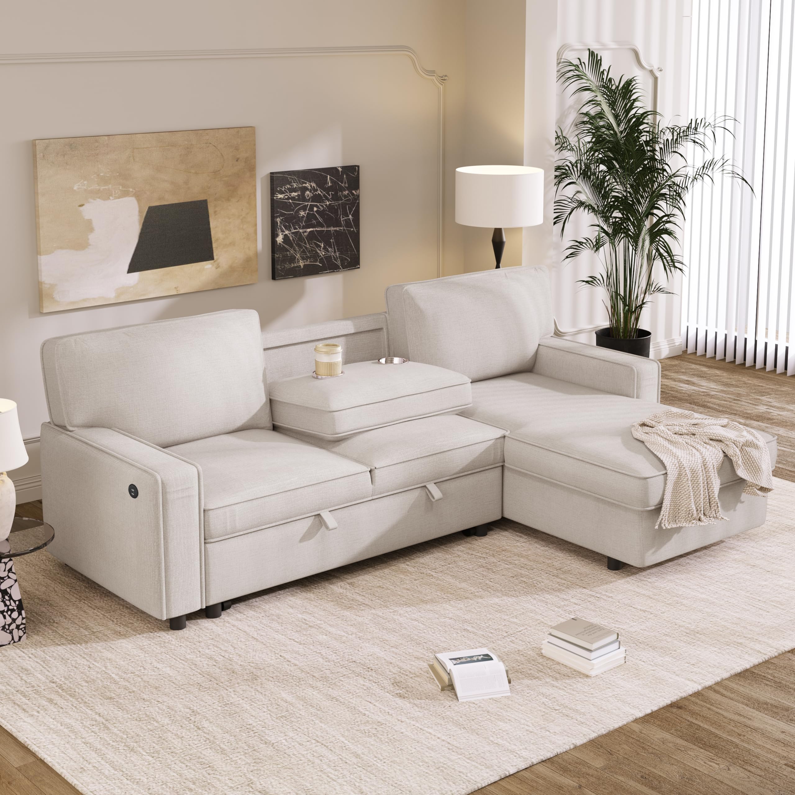 Merax 89" Convertible Sleeper Sectional Sofa with Pull-Out Bed,Upholstery Sleeper Sofa Storage Chaise,USB Port and 2 Cupholder,L Shaped Corner Sectional Sofa Couch for Living Room