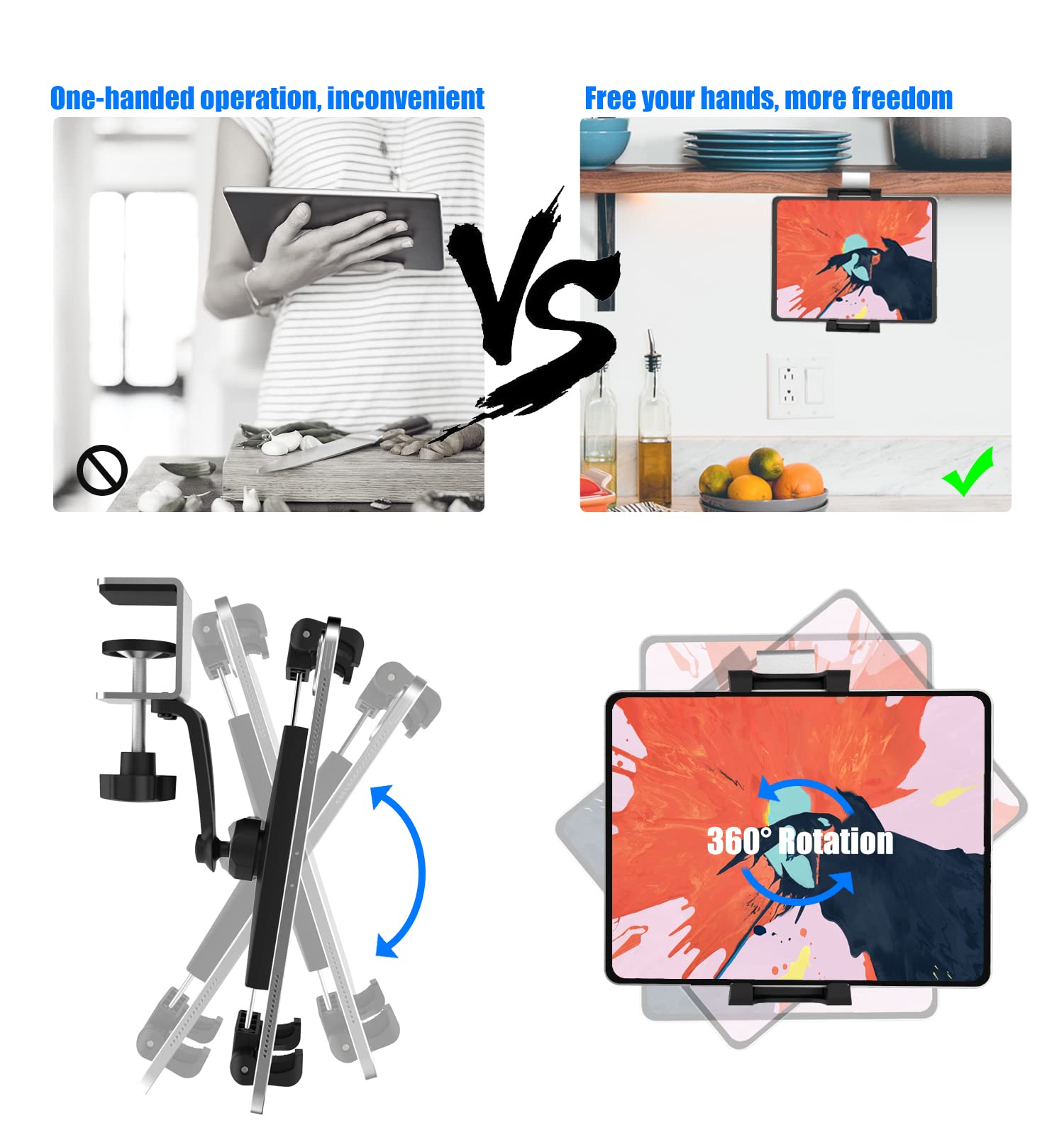 Charchendo Kitchen Tablet Mount, Universal Cabinet Tablet Phone Holder Clamp Stand and 360° Adjustable Compatible with iPad Pro 12.9 11 10.5, Air Mini, Samsung Tab and All 5.5-12.9 inch Devices