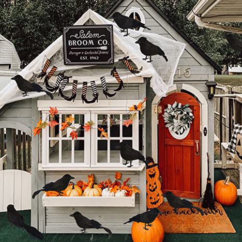 KIMOBER 6PCS Halloween Crows,Realistic Black Feathered Crows Ravens Birds for Halloween Party Indoor Outdoor Decorations