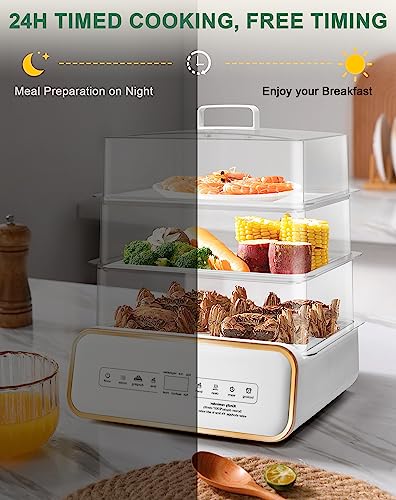 SUSTEAS Food Steamer for Cooking - 17QT Vegetable Steamer with 24H Booking & 60Min Timer, Electric Steamer with Digital Display and 3 Tier Stackable Trays, Auto Shut-Off & Boil Dry Protection