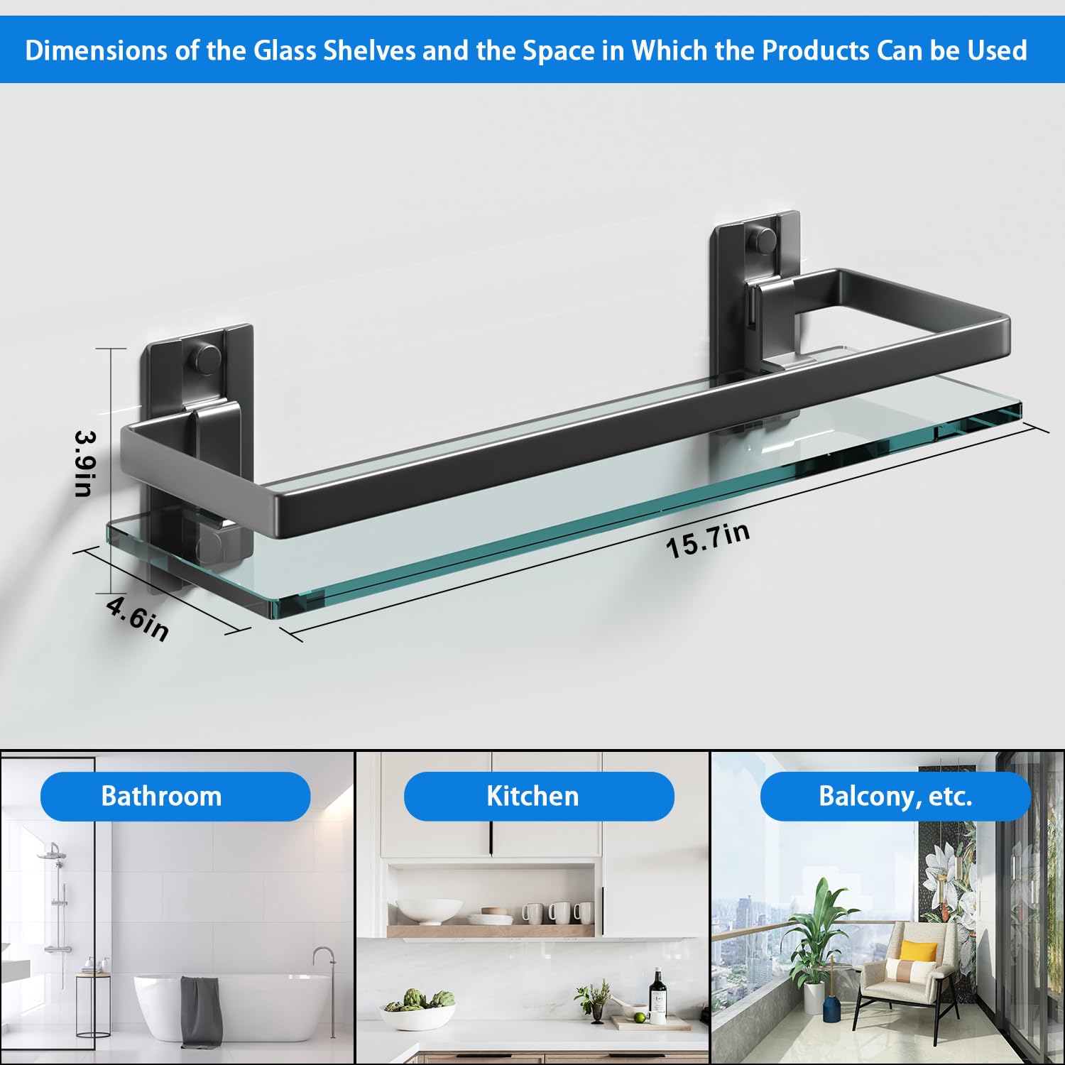 KATASKI 2 Pack Bathroom Glass Shelf ,Aluminum Tempered Glass 0.34in Extra Thick 1 Tier Storage Organizer Wall Mount,Black 15.7in