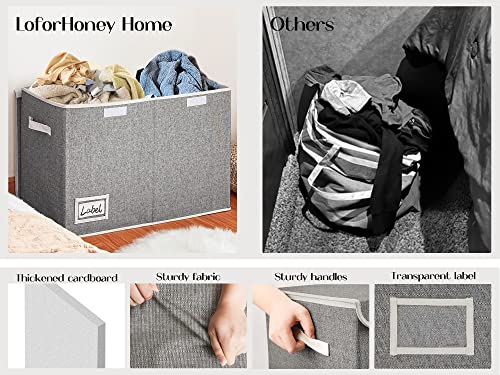 LoforHoney Home Large Storage Bin with Lid, Foldable Laundry Basket with Durable Handles, Double Laundry Hamper with Divider, Fabric Storage Bin with Lid for Clothes, Canvas Storage Bin with Lid for Organizing, Laundry Basket Organizer, Dark Gray
