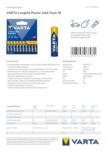 VARTA Longlife Power AAA Micro LR03 Alkaline Battery (10-Pack) - Made in Germany - Ideal for Toys, Torches, Controllers and Other Battery-Powered Devices
