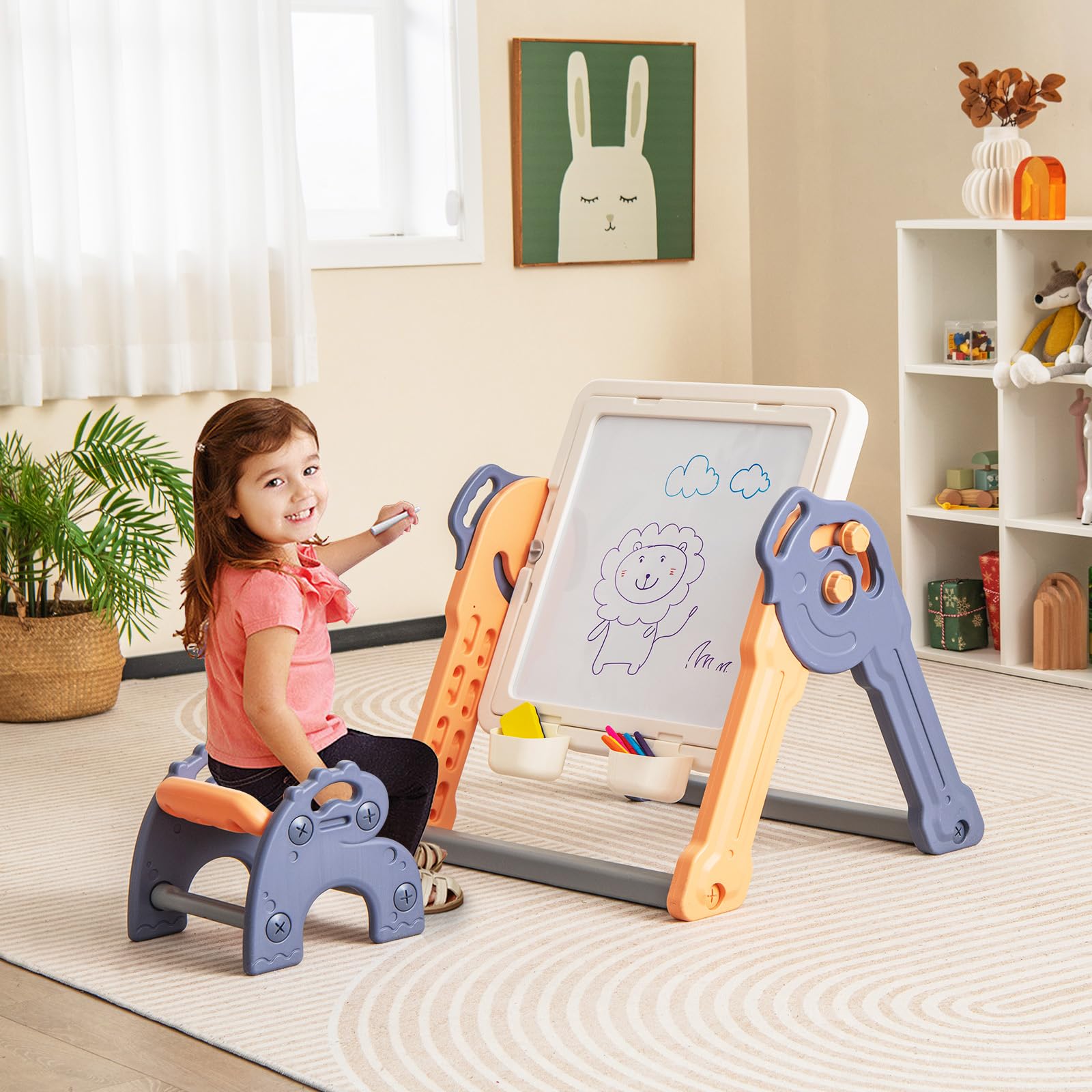 Costzon 6-in-1 Kids Table & Chair Set, Folding Art Easel w/Markers, Eraser, 102 Pcs Compatible Bricks, Reversible Building Block Tabletop, Storage Space & Baskets, Activity Table for Sand & Water