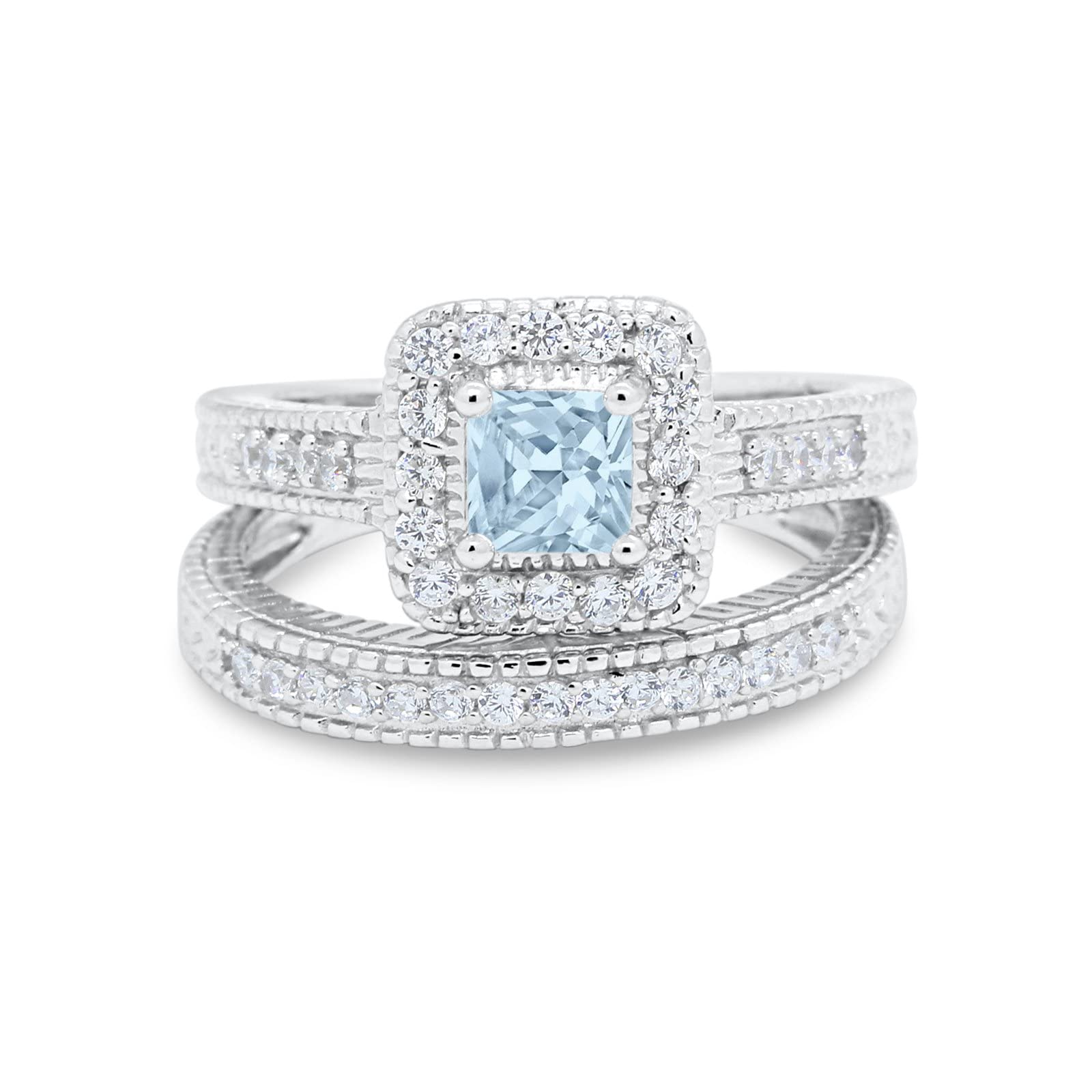 Blue Apple Co. Aquamarine CZ Size-5 Two Piece Art Deco Ring Princess Cut CZ Halo Vintage Style Half Eternity Wedding Band Statement Engagment Rings For Women 925 Sterling Silver Gifts For Her