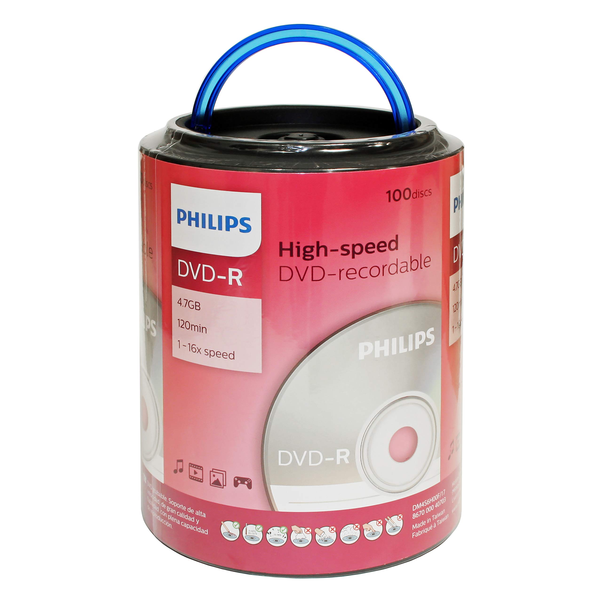 Philips Branded 16X DVD-R Media 100 Pack in Spindle with Handle (DM4S6H00F/17)