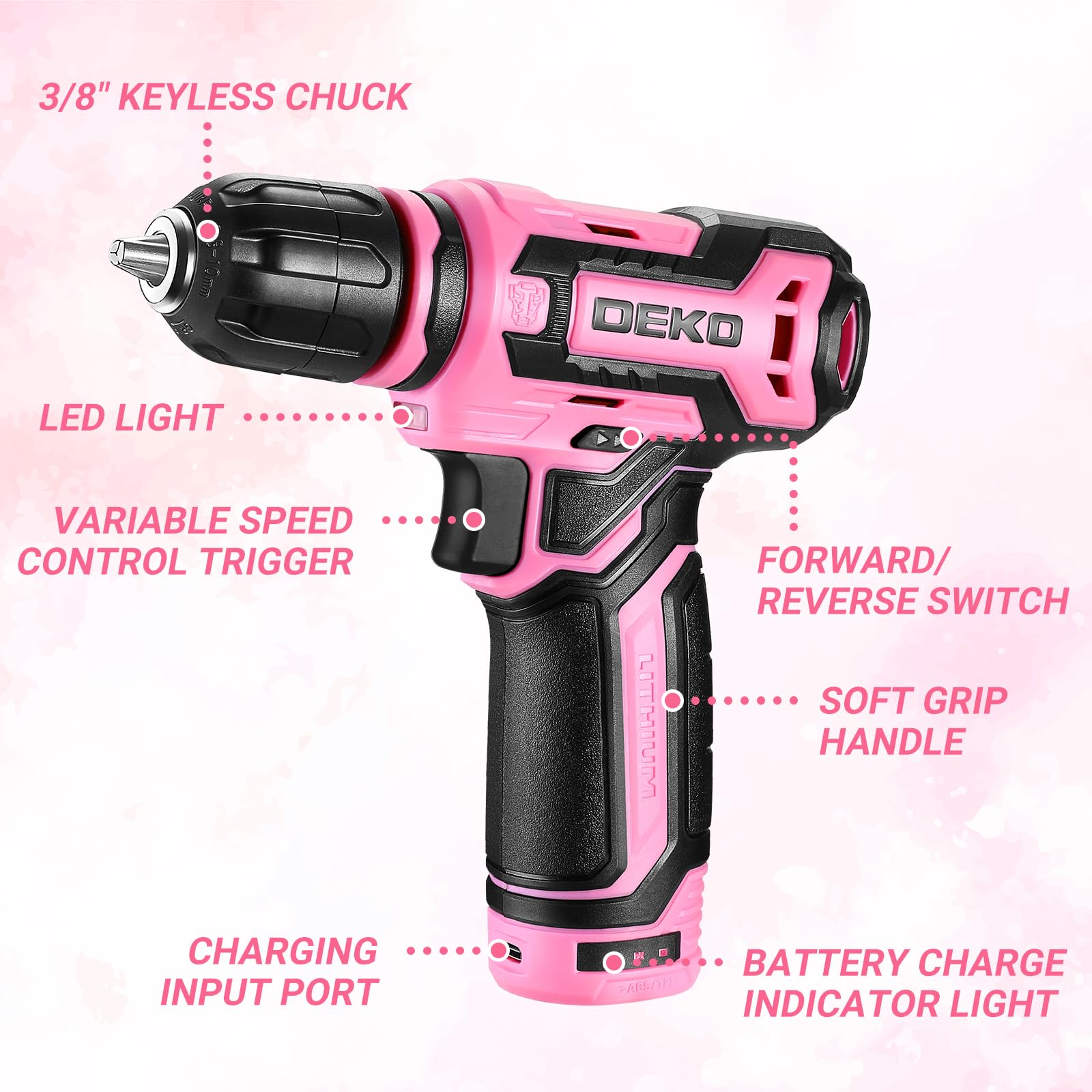 Cordless Drill:DEKOPRO 12V Power Drill Set with Pink Electric Drill with Tool Set Gift Box, Pink Drill Set for Women