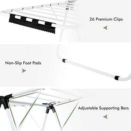 GOFLAME 2-Tier Clothes Drying Rack, Folding Laundry Dry Rack with Adjustable Supporting Bar, 26 Premium Clips, Space-Saving & Collapsible Laundry Hanger for Easy Storage, No Assembly Needed