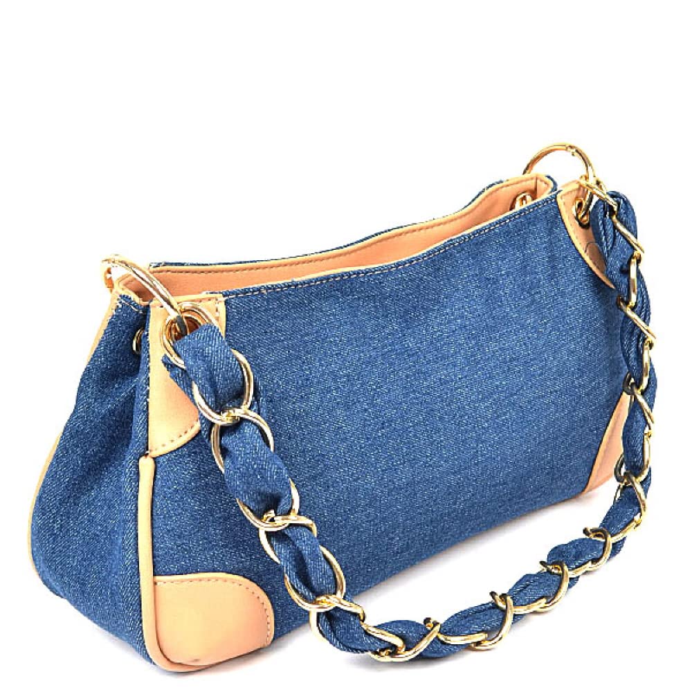 Womens Girls Vintage Retro Denim Jeans Medium Chain Shoulder Bag Purse Handbag (Dark Denim)