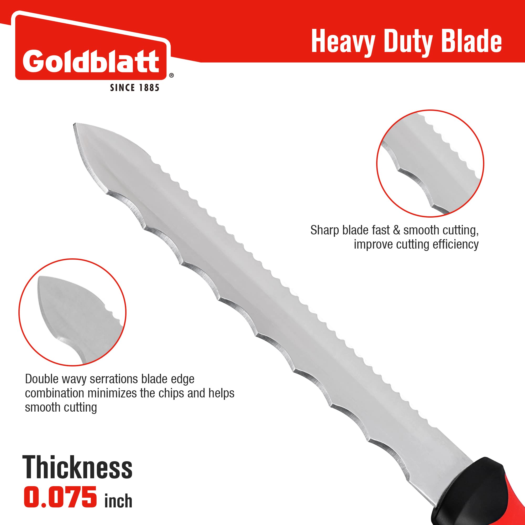 Goldblatt Insulation Knife, 8 Inch Stainless Steel Blade - Serrated Sharp Double Side Utility Knife Tool for Cutting Heat Material, Styrofoam - Rockwool Sod Cutter Lawn Repair Garden Knife