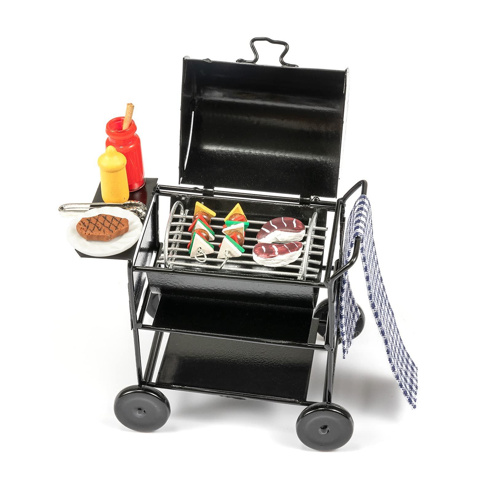 SAMCAMI Dollhouse Furniture Kitchen Grill Set (7 PCS) – Metal Grill, Skewers, Steak and Other Dollhouse Accessories - 1:12 Scale Miniature Dollhouse Decoration (Square Black)