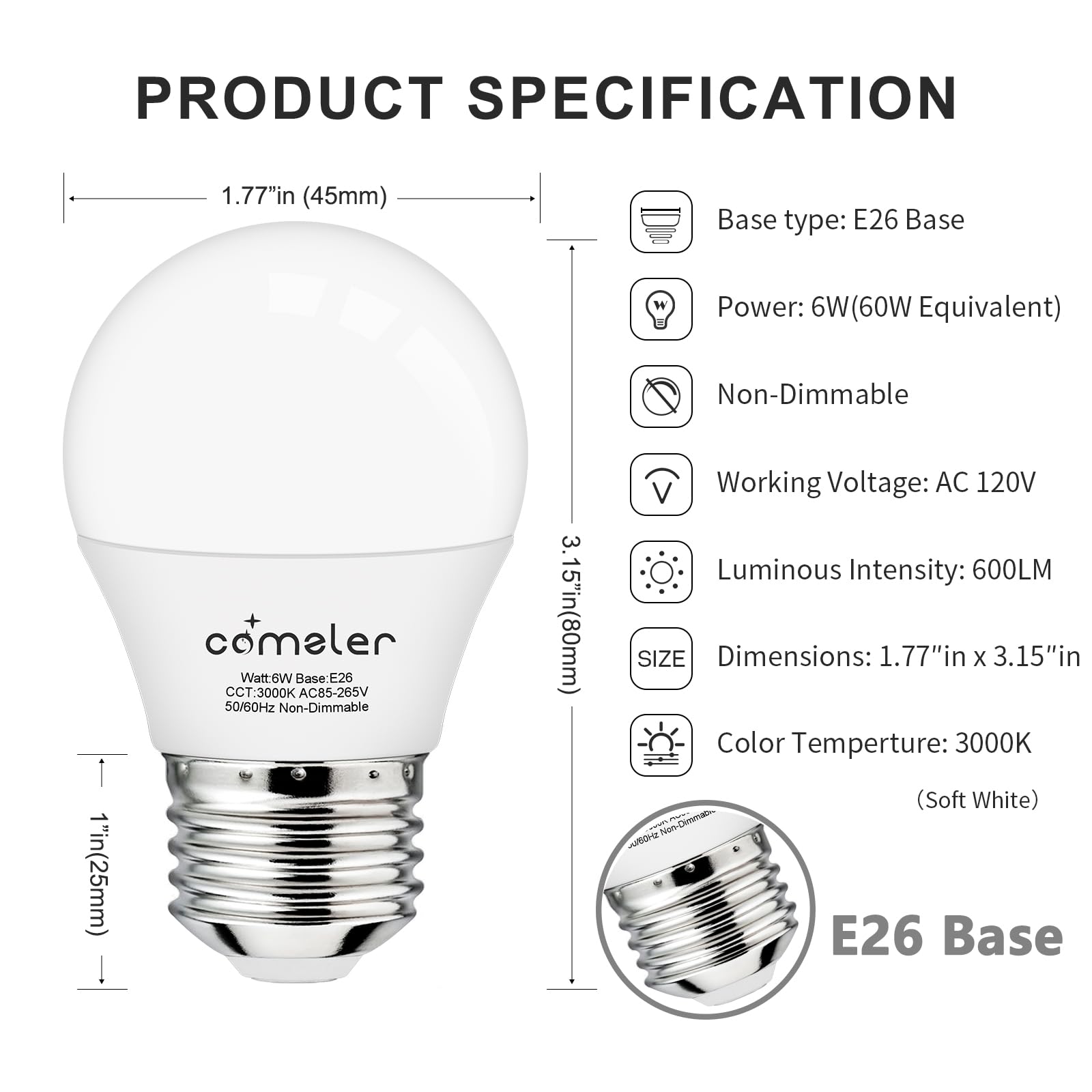 comzler A15 LED Small Light Bulbs, E26 Base 60 Watts Equivalent Soft Warm White 3000K Ceiling Fan Light Bulbs, Appliance Energy Saving Light Bulbs for Refrigerator, 6 Pack