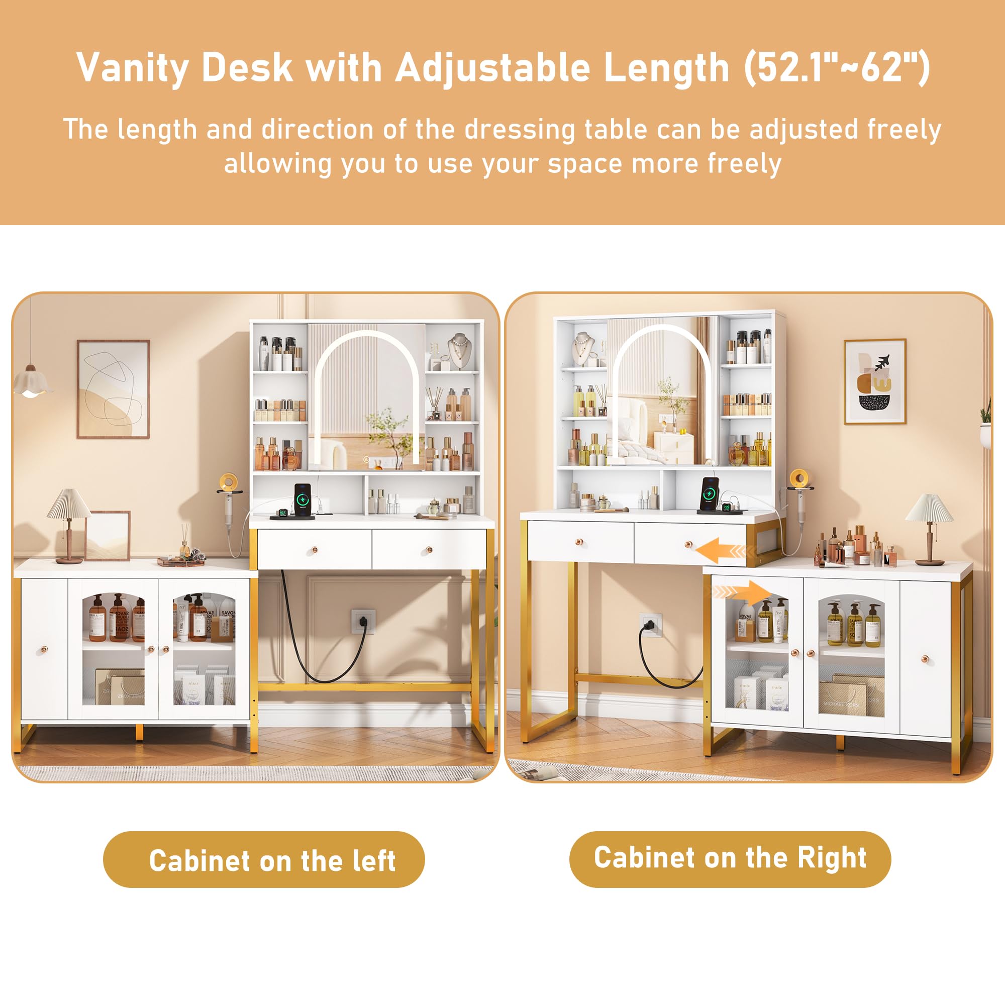 chartustriable 62" Large Vanity Desk with Mirror and Lights 3 Lighting Modes, Vanity Dresser with Charging Station and 2 Drawers, Modern LED Vanity with Storage Shelves for Bedroom, White