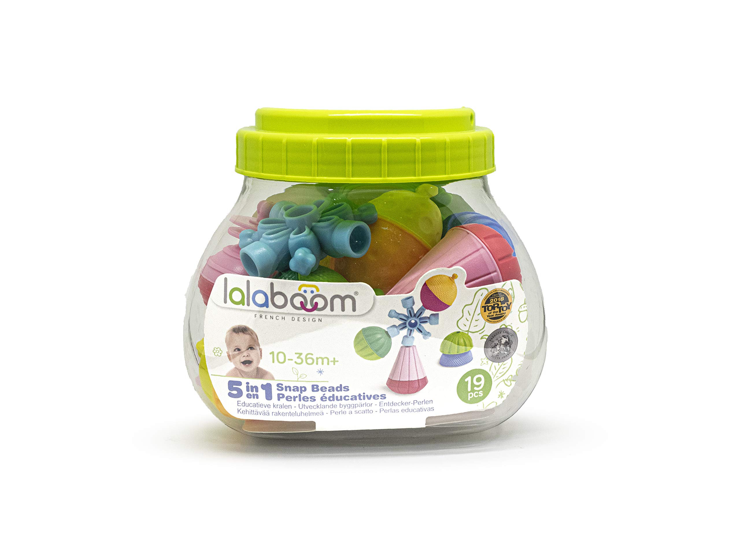 Lalaboom Bucket Set - 19 Piece Educational Baby Toddler Beads and Accessories – Educational Montessori Shape and Color STEM Construction Toy 10 Months to 3 Years - BL210, Multicolor