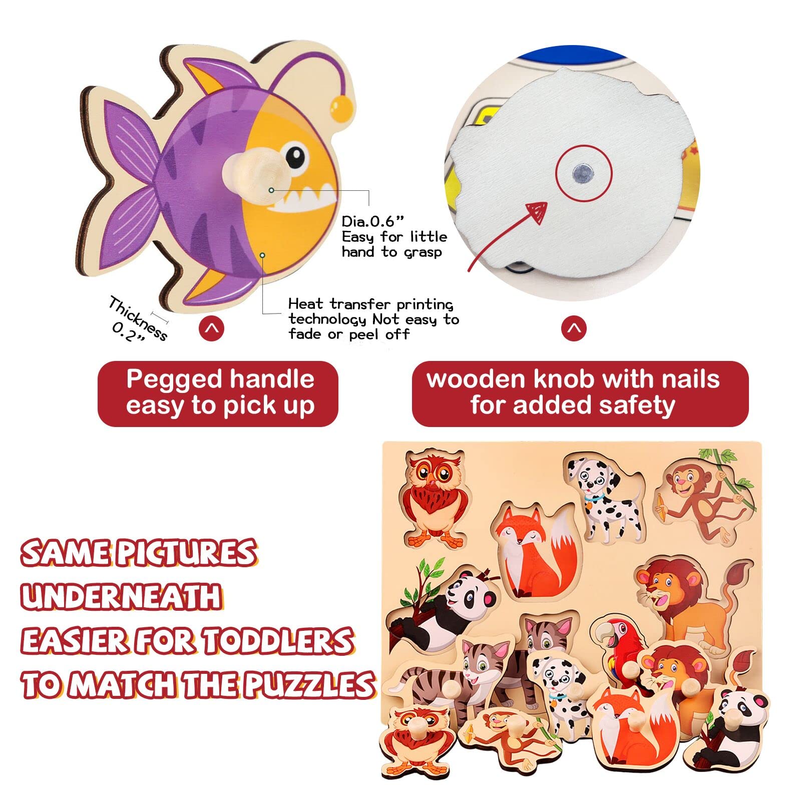 Wooden Peg Puzzles for Toddlers, 4 Pack Toddler Puzzles Set with Wooden Knobs, Preschool Learning Educational Animals Shapes Insects Pegged Puzzle Toys for 2 3 Year Old (Style 1)