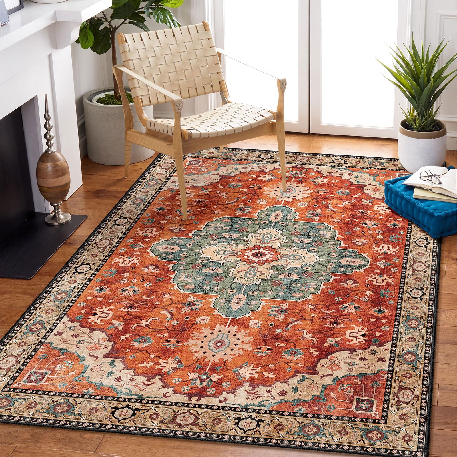 Castage Boho Rug 3x5,Washable Area Rugs for Bedroom Living Room Kitchen Entryway,Small Vintage Bohemian Distressed Non Slip Oriental Tribal Carpet,Retro Rust