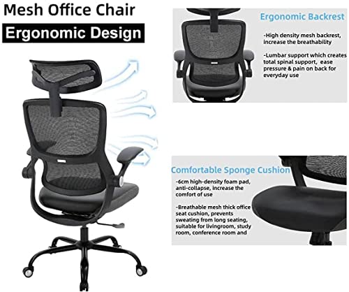 Ergonomic Office Chair, Desk Chair with Lumbar Support, Thick Cushion Breathable Mesh Computer Chair,High Back Desk Chair with 3D Armrests and Adjustable Headrest (Black)