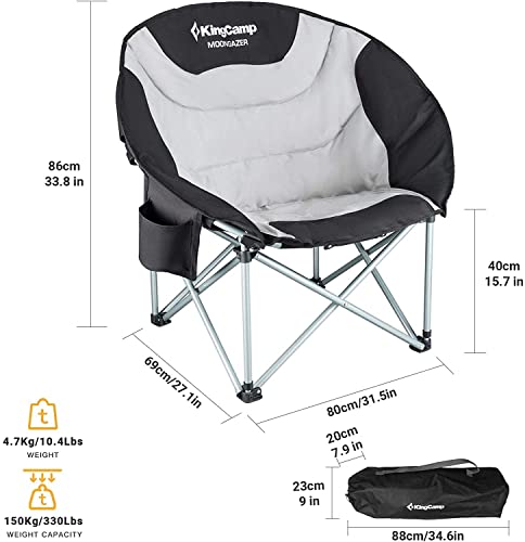 KingCamp Oversize Padded Moon Saucer Leisure Cooler Bag and Cup Holder, Portable Heavy Duty Folding Chair for Outdoor Camping, Picnic, Fishing, Lawn, Black/MediumGrey, ONE Size