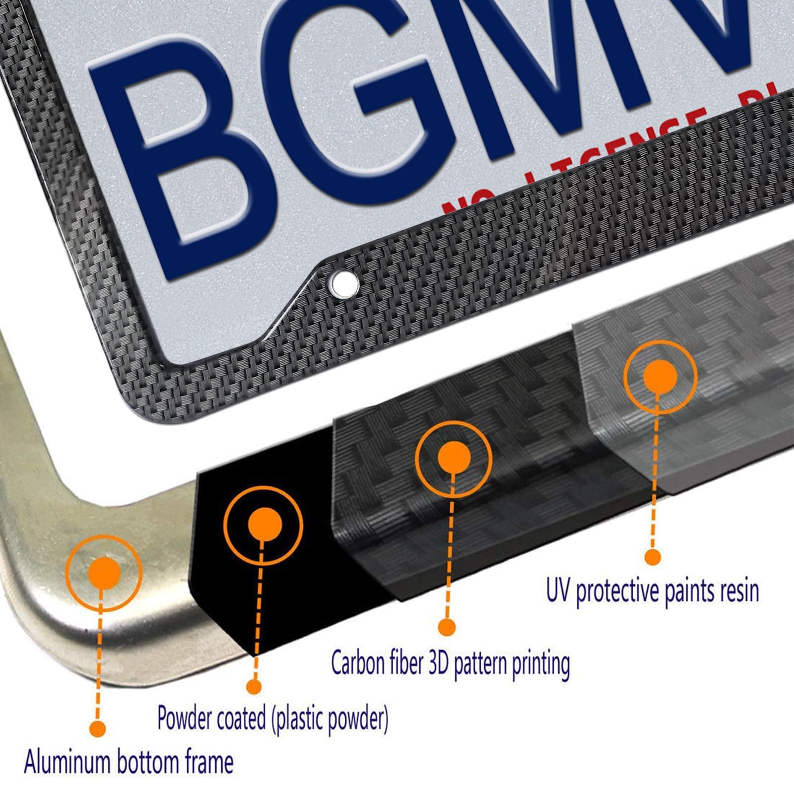 BGMVFK Carbon Fiber License Plate Frame- 2 Pack Black Aluminum Front & Rear Auto Car Tag Holder Cover, Heavy Duty Bracket with Mount Hardware, Screws, Caps, Rattle Proof Pads