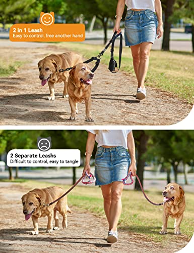 YOUTHINK Double Dog Leash, Dog Walking Leash 2 Dogs up to 180lbs, Comfortable Adjustable Dual Padded Handles, Bonus Pet Waste Bag (Double Dog Leash)
