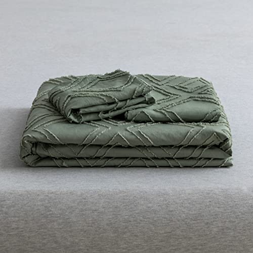 JELLYMONI Green Duvet Cover Twin Size - 3 PCS Microfiber Tufted Duvet Cover Set, Boho Textured Duvet Cover Jacquard Rhombus Geometric Pattern Duvet Cover with Corner Ties & Zipper Closure