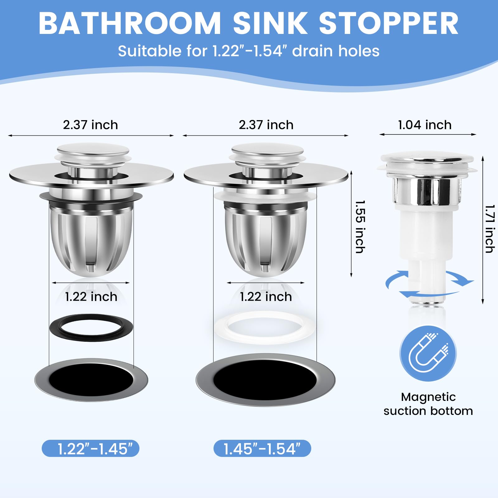 BGXT 2 Pack Bathroom Sink Stopper Magnetic - Pop Up Basin Sink Drain Strainer for 1.22"~1.54", U.S. Standard Drain, 2 in 1 Sink Drain Strainer with Hair Cathcer (Silver)
