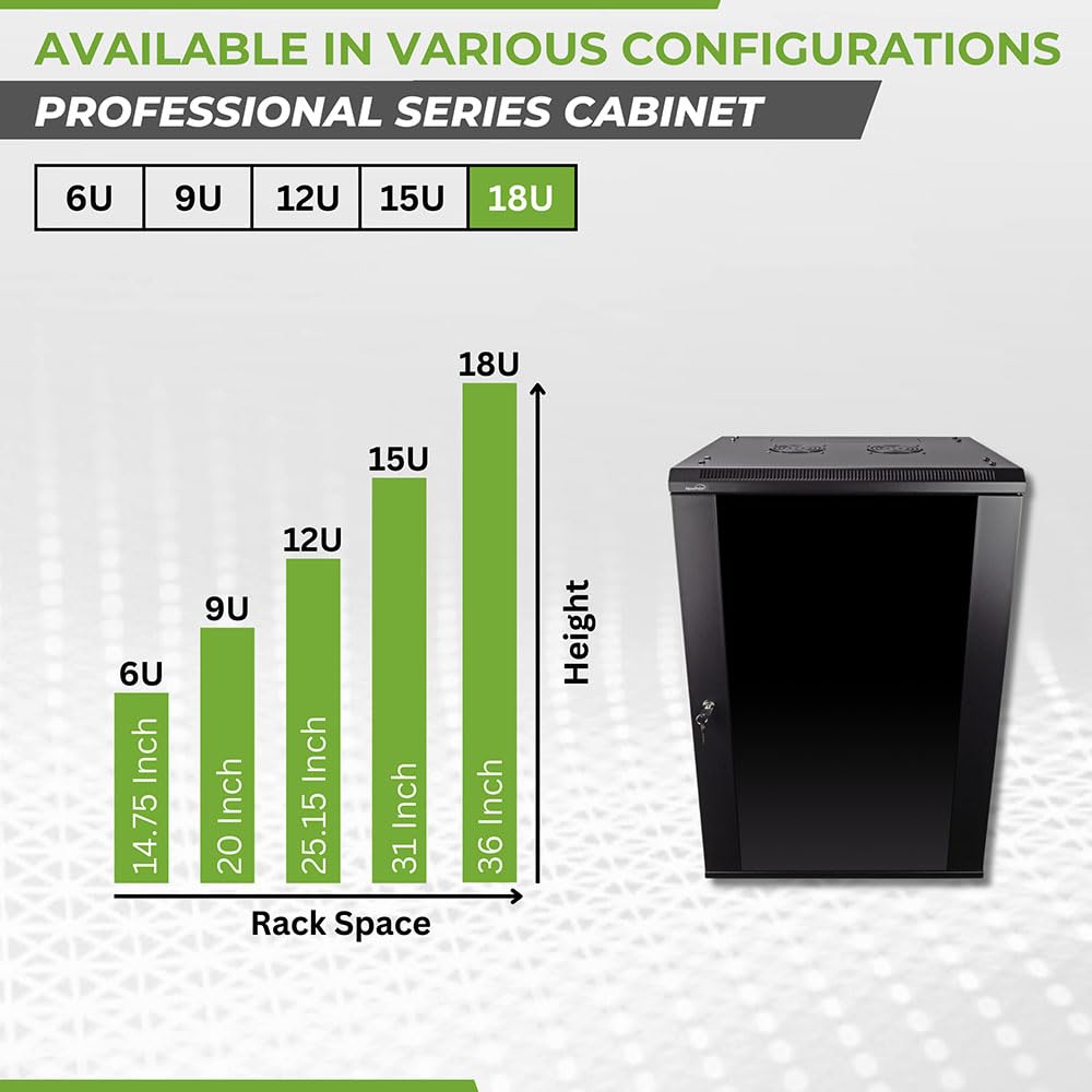 NavePoint 18U Server Rack Enclosure - 17.7β Deep, 18U Wall Mount Network Cabinet with Locking Glass Door for 19β IT Equipment, 18U Network Rack with 2 Fans, Removable Side Panels, Black