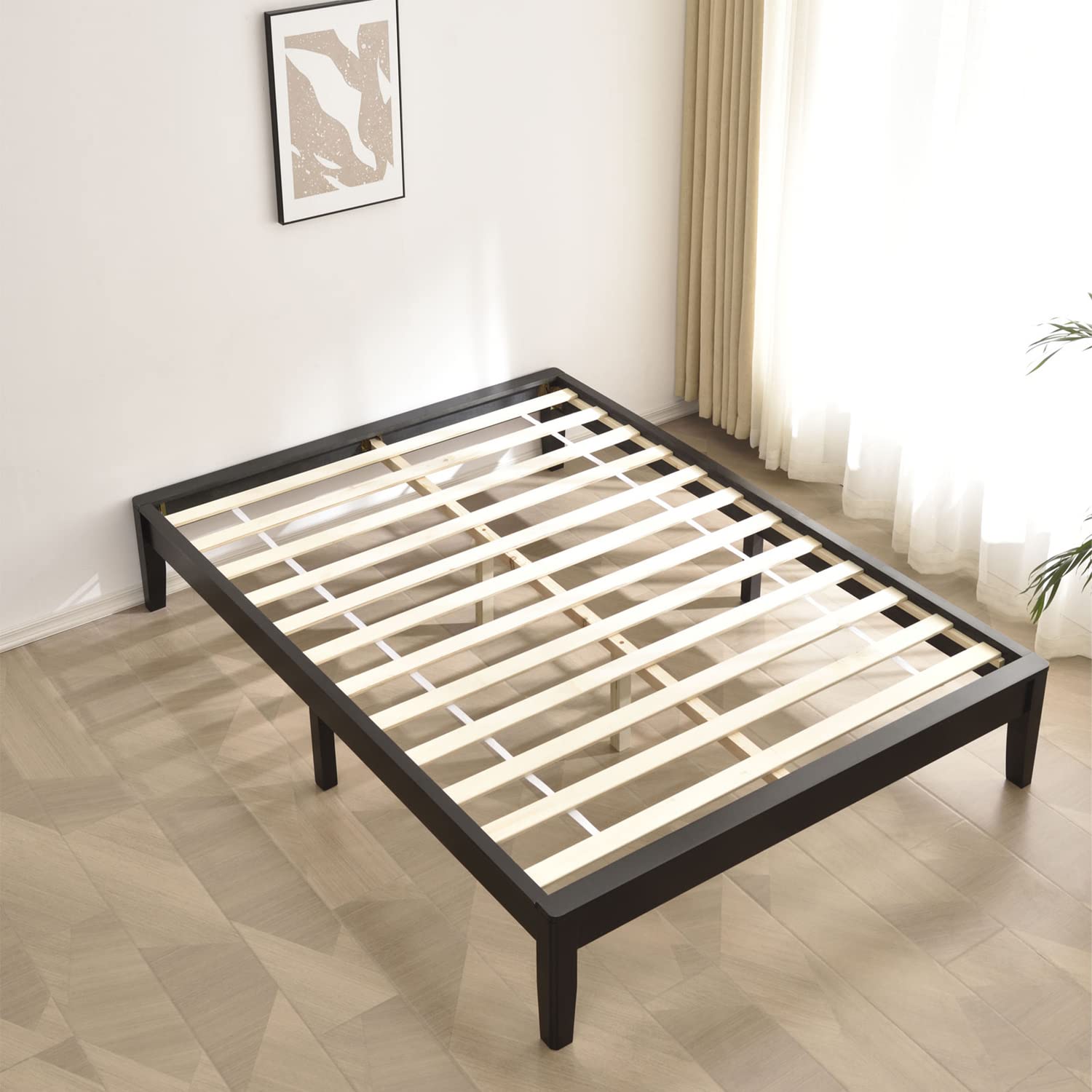 Better Home Products Stella Solid Pine Wood Queen Platform Bed Frame in Black