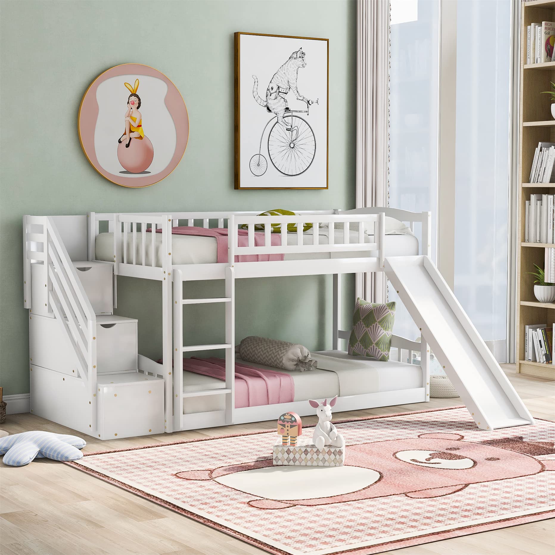 Harper & Bright Designs Twin Over Twin Bunk Bed with Slide and Guardrail, Floor Bunk Bed with Stairway/Two Drawers/Handrail, Space-Saving Bedroom Dormitory Furniture (White)