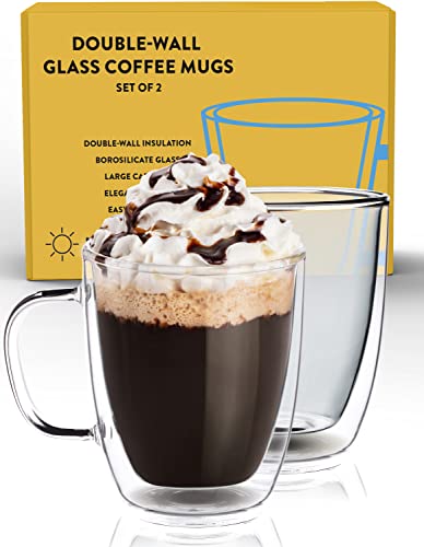 JOYFUL HOME Double Wall Glass Coffee Mugs - 12 oz. Insulated Double Walled, Smoky Gray Borosilicate Glass with Large Handle for Coffee, Cocoa and Tea (Set of 2)