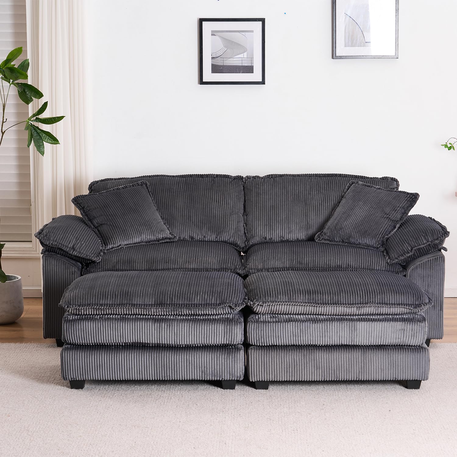 Corduroy Modular Sectional Couch, 84“ Width Oversize Loveseat Sofa, Comfy Plush Cloud Couch Lounge Chair with Ottomans and 2 Pillows for Small Spaces, Living Room, Bedroom, Office (Grey)