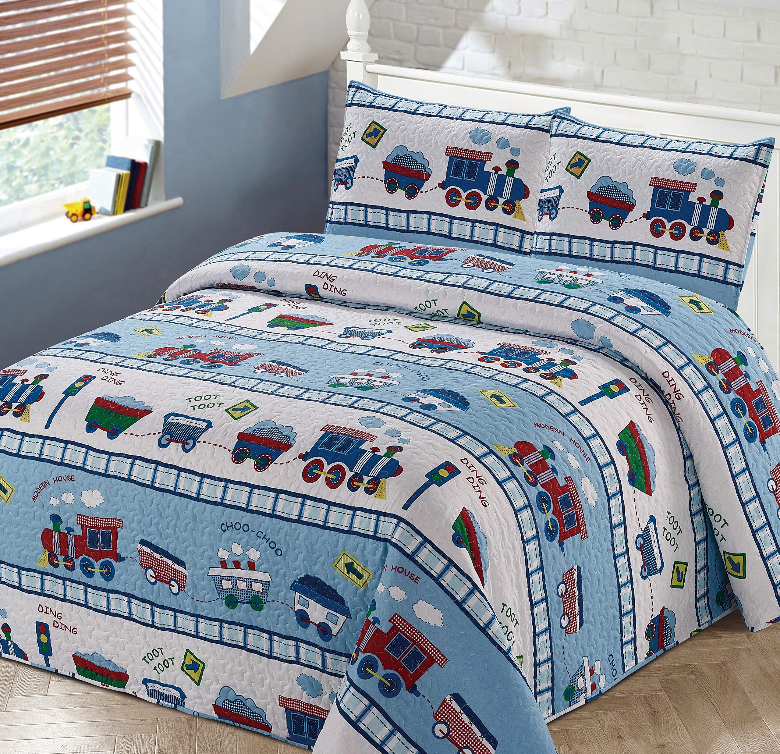 Better Home Style Red White and Blue Choo Choo Train Railroad Tracks Kids/Boys/Toddler Coverlet Bedspread Quilt Set with Pillowcases # Train (Queen/Full)
