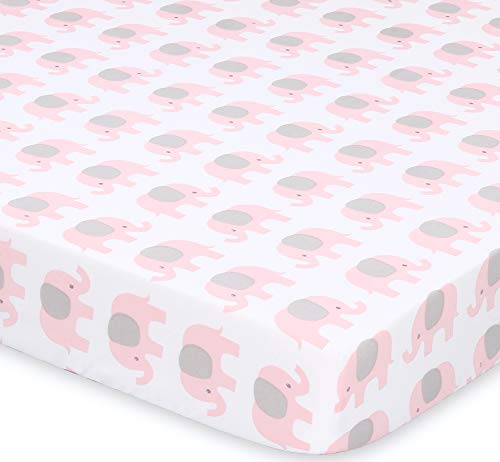 The Peanutshell Fitted Pack n Play, Playard, Mini Crib Sheets for Baby Girls | 2 Pack Set | Pink Elephants & Hearts